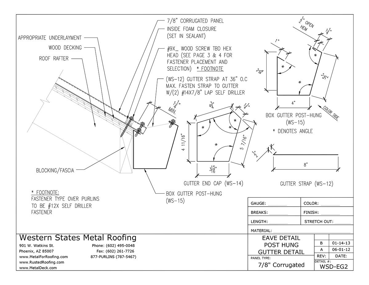 Part #WS-15 Box Gutter Post Hung for Corrugated Metal Roofing