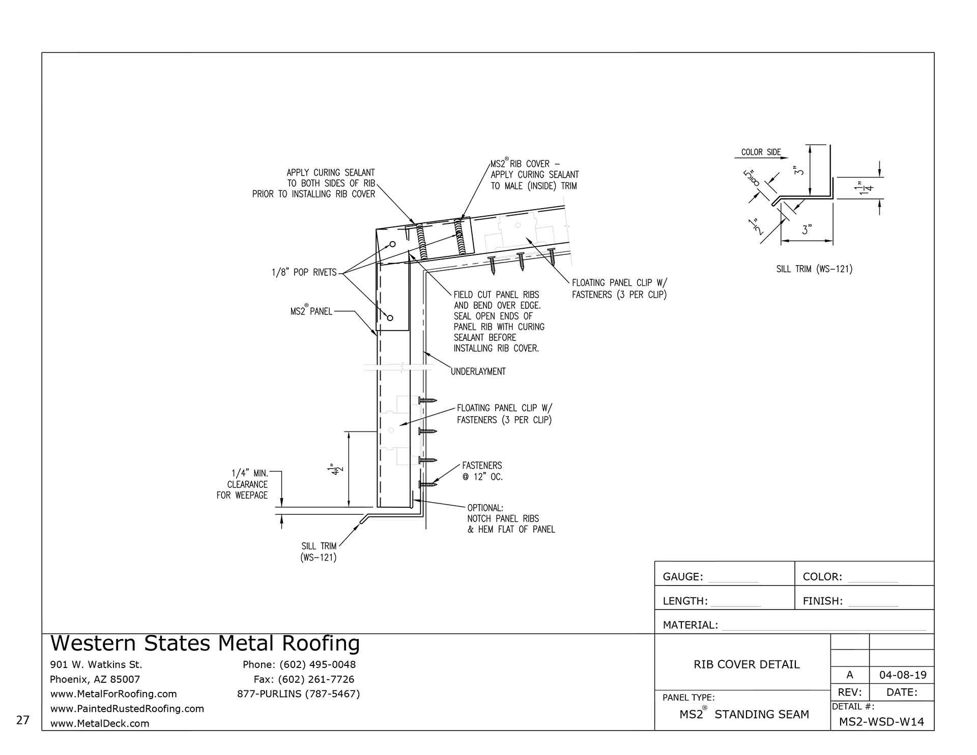 Sill Trim | Mechanically Seamed Standing Seam Roofing | Part #WS-121