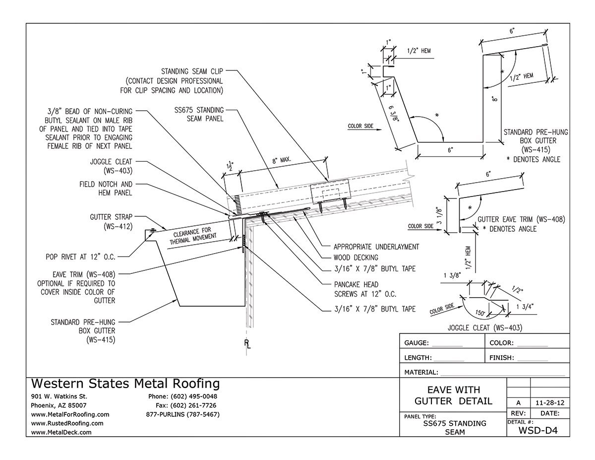Pre-Hung Box Gutter For Western Lock Standing Seam
